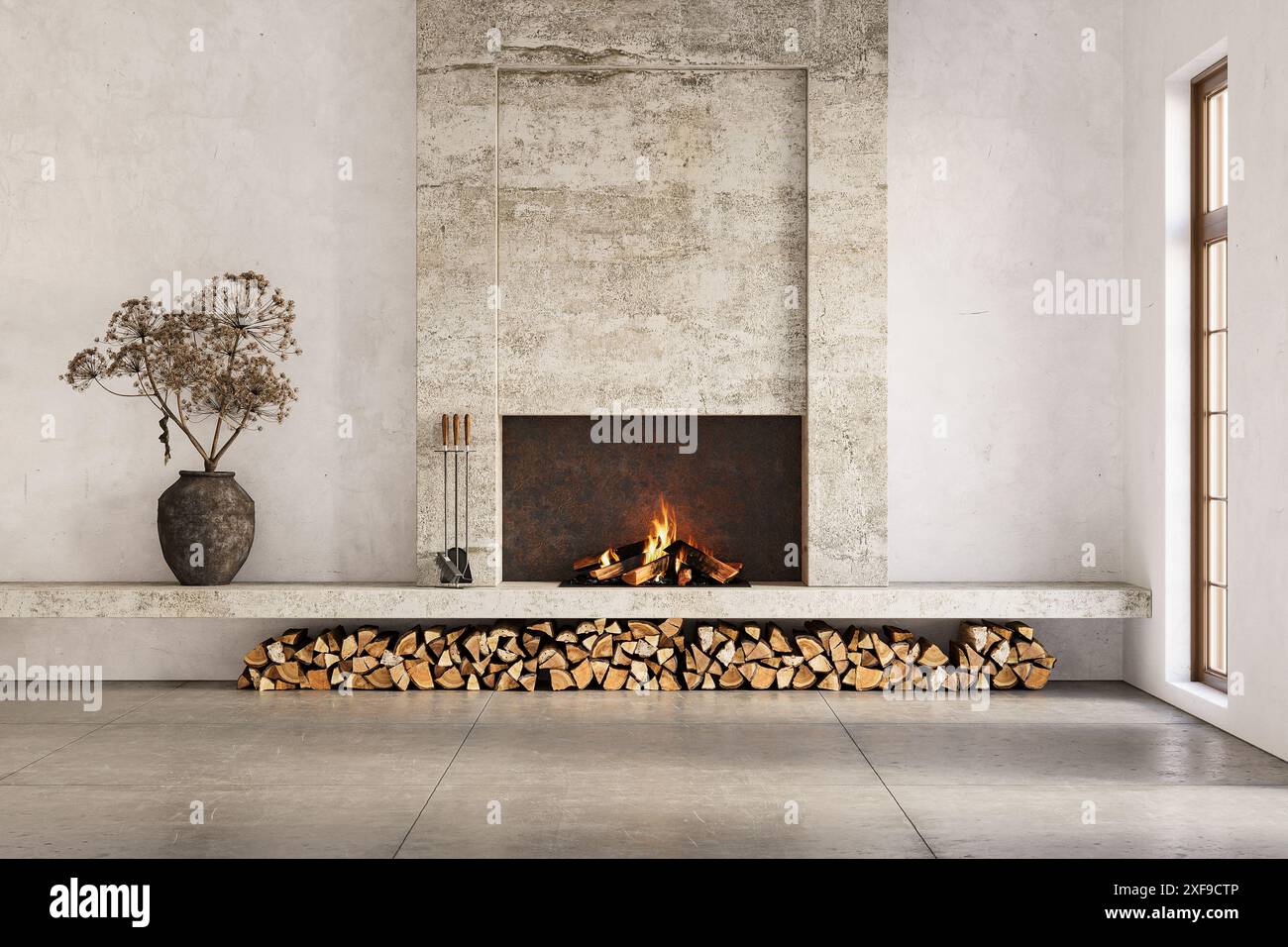 Wabi sabi style interior with rustic fireplace and white stucco walls ...