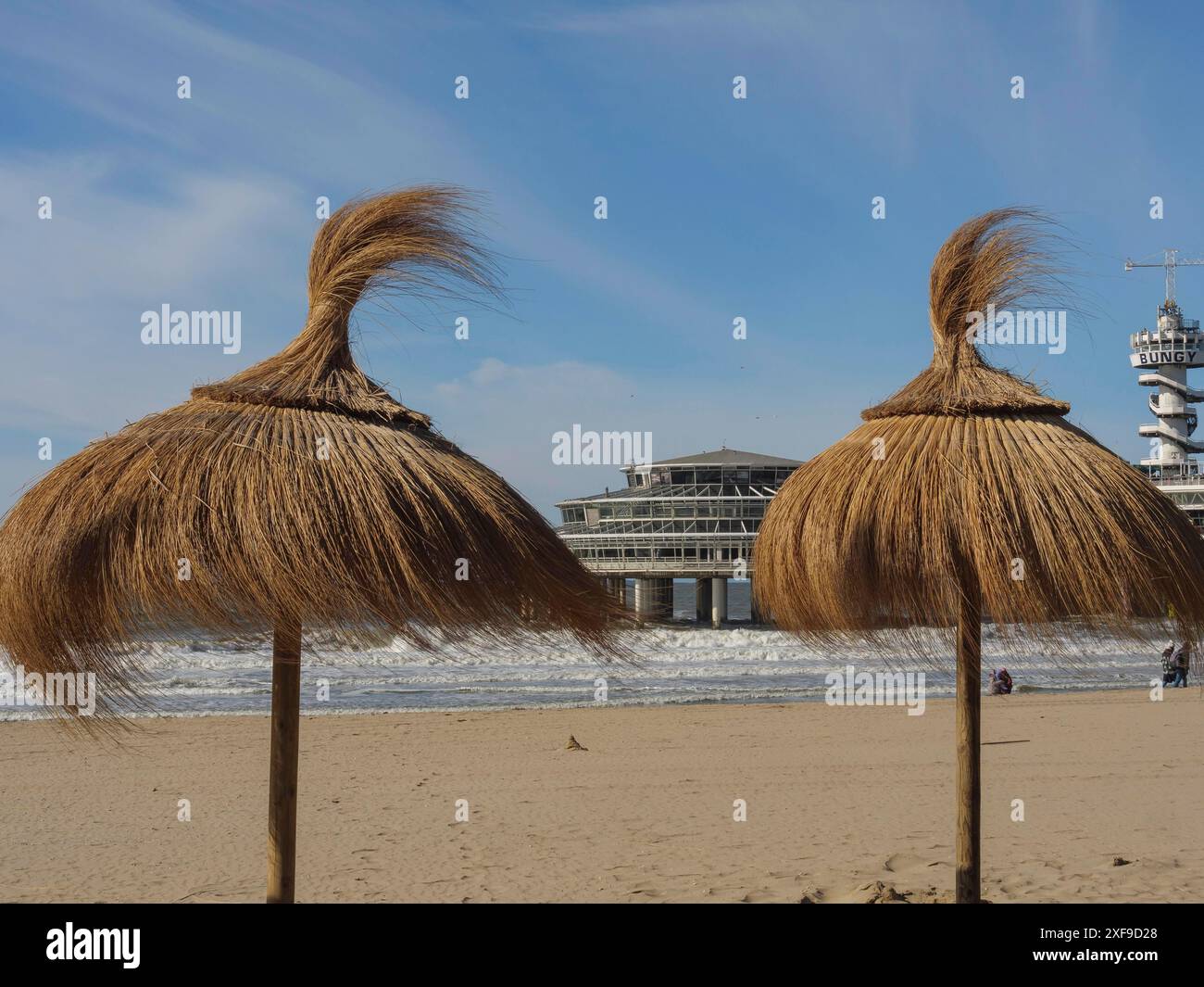 Two thatched roofs on the beach in front of a wavy sea, scheveningen ...