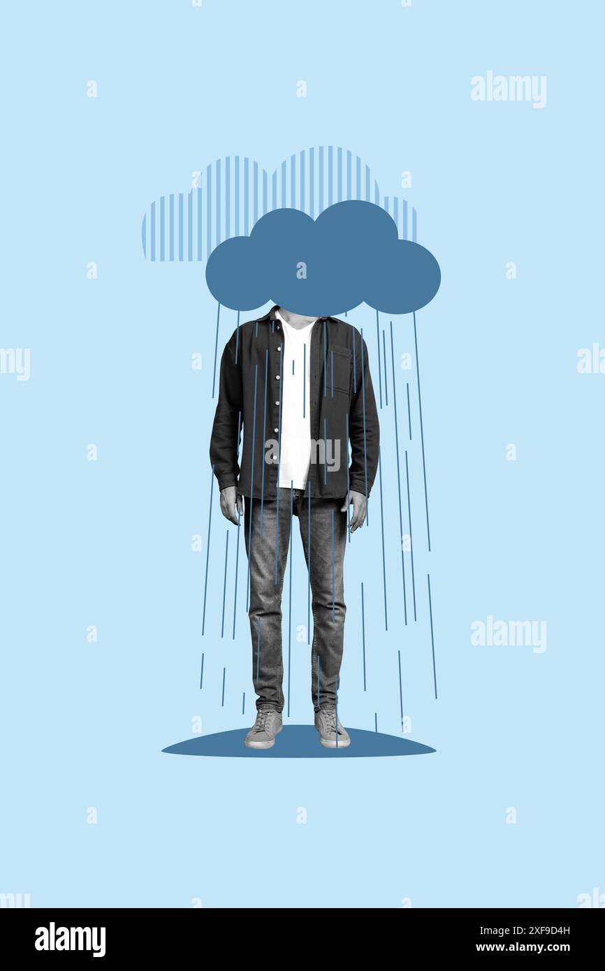 Vertical collage picture young headless man stand rainy cloud weather ...