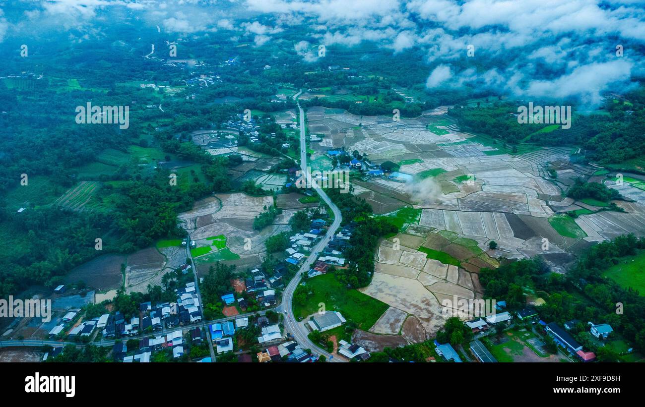 Aerial view of a beautiful rural village landscape in the middle of a ...