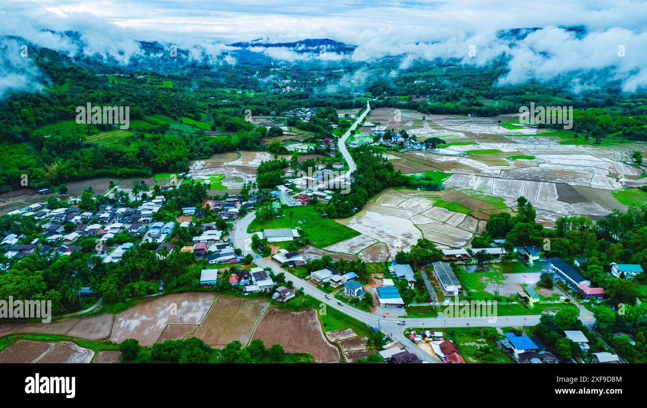 Aerial view of a beautiful rural village landscape in the middle of a ...