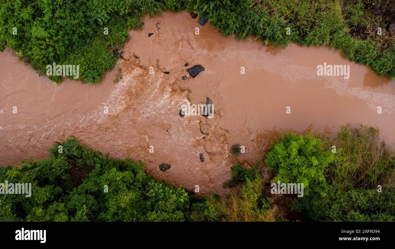 Close-up aerial view of the mighty Mekong River shows its muddy ...
