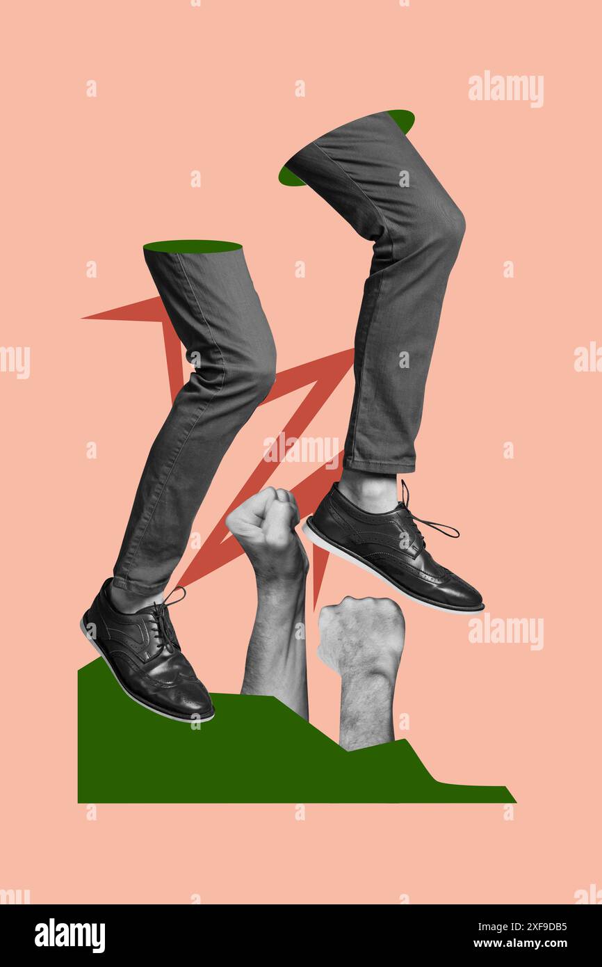 Vertical collage man legs body fragment walk go step shoes footwear ...