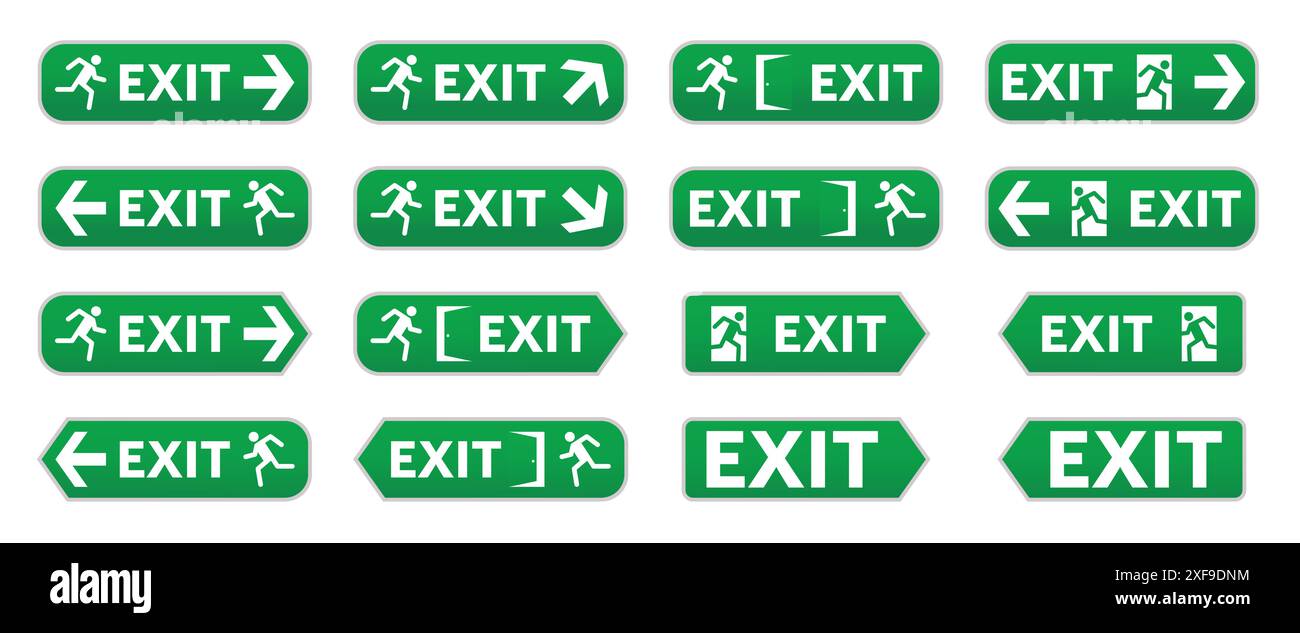 Set of emergency escape signs. Green exit icons collection. Flat vector ...