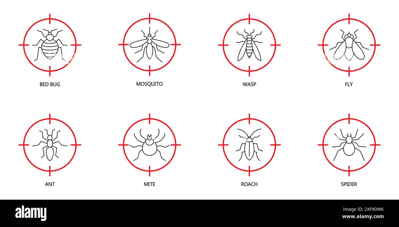 Stop insect icon set. Pest Control icons set on red target. Insects at ...