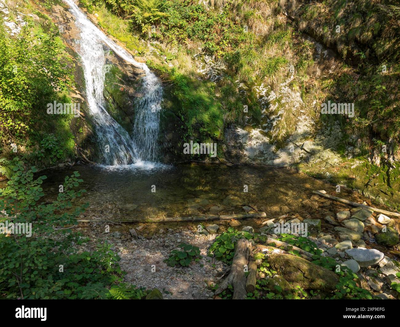 Small waterfall falls into a quiet river, surrounded by rocks and ...