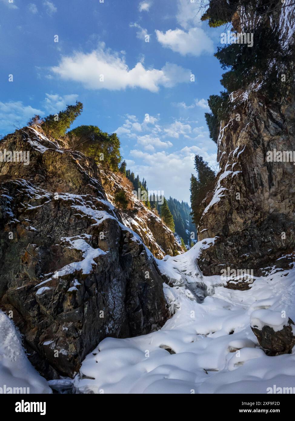 Winter Ayusai waterfall in Bear gorge of Almaty mountains, ile alatau ...