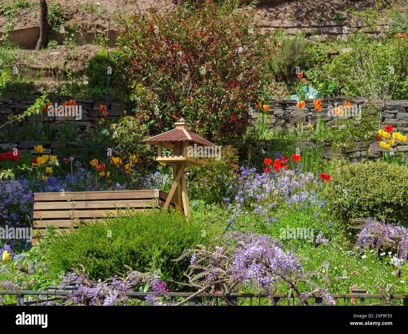 Flowery garden with bench and birdhouse in cheerful colours, saarburg ...