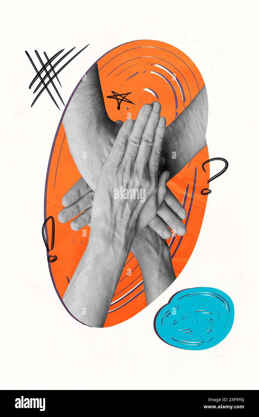 Vertical collage image human hands body fragment support gesture put ...