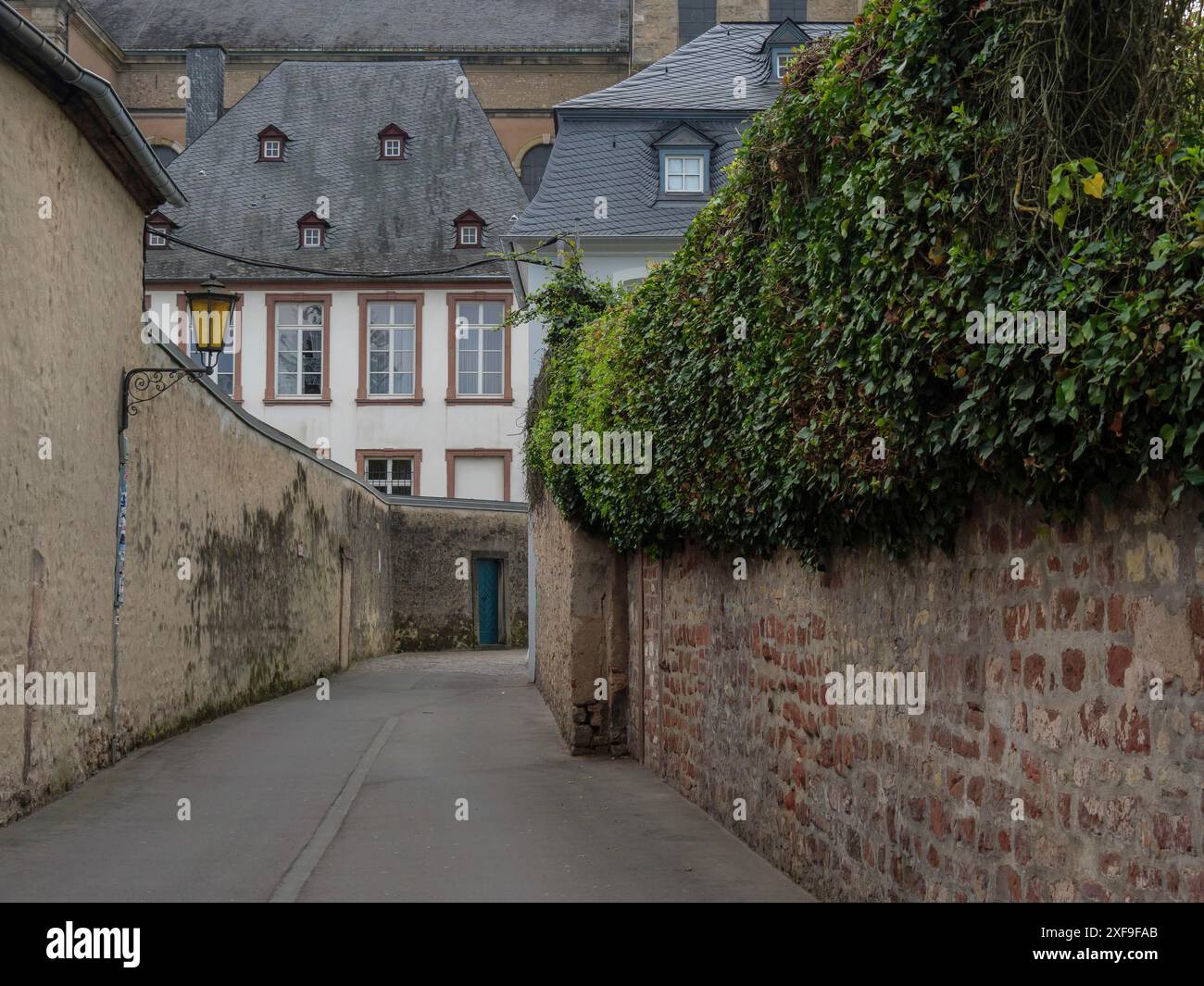 Narrow, quiet historic alleyway with high walls and ivy, creating a ...