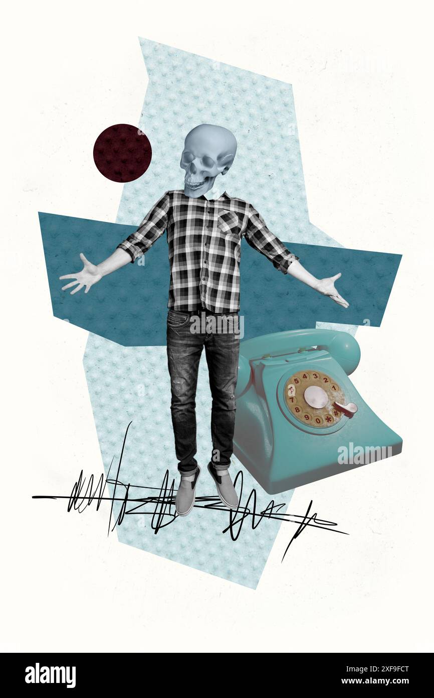 Vertical photo collage of jump overworked man operator instead head ...