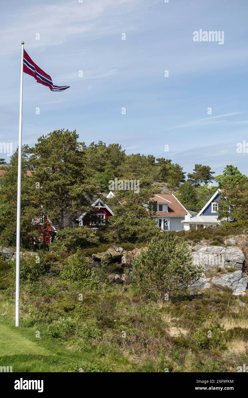 Norwegian flag flies over a landscape with houses and dense forest on ...