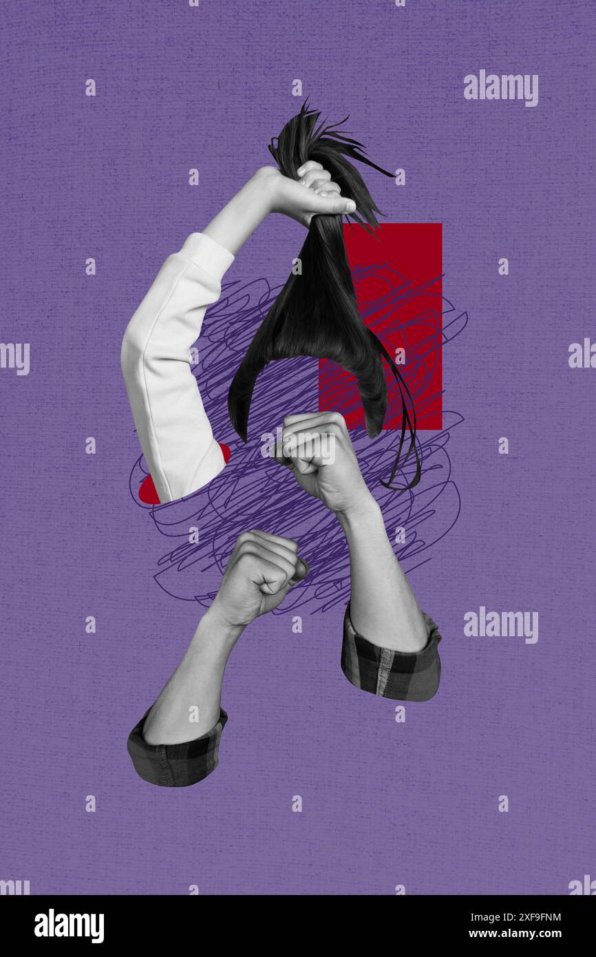 Vertical collage image woman body fragments hands fists fight strength ...