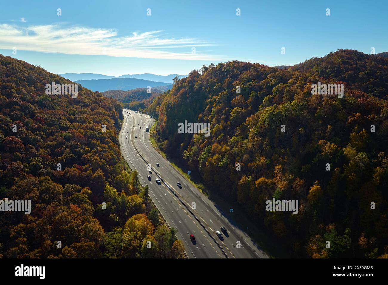 View from above of I-40 freeway route in North Carolina leading to ...