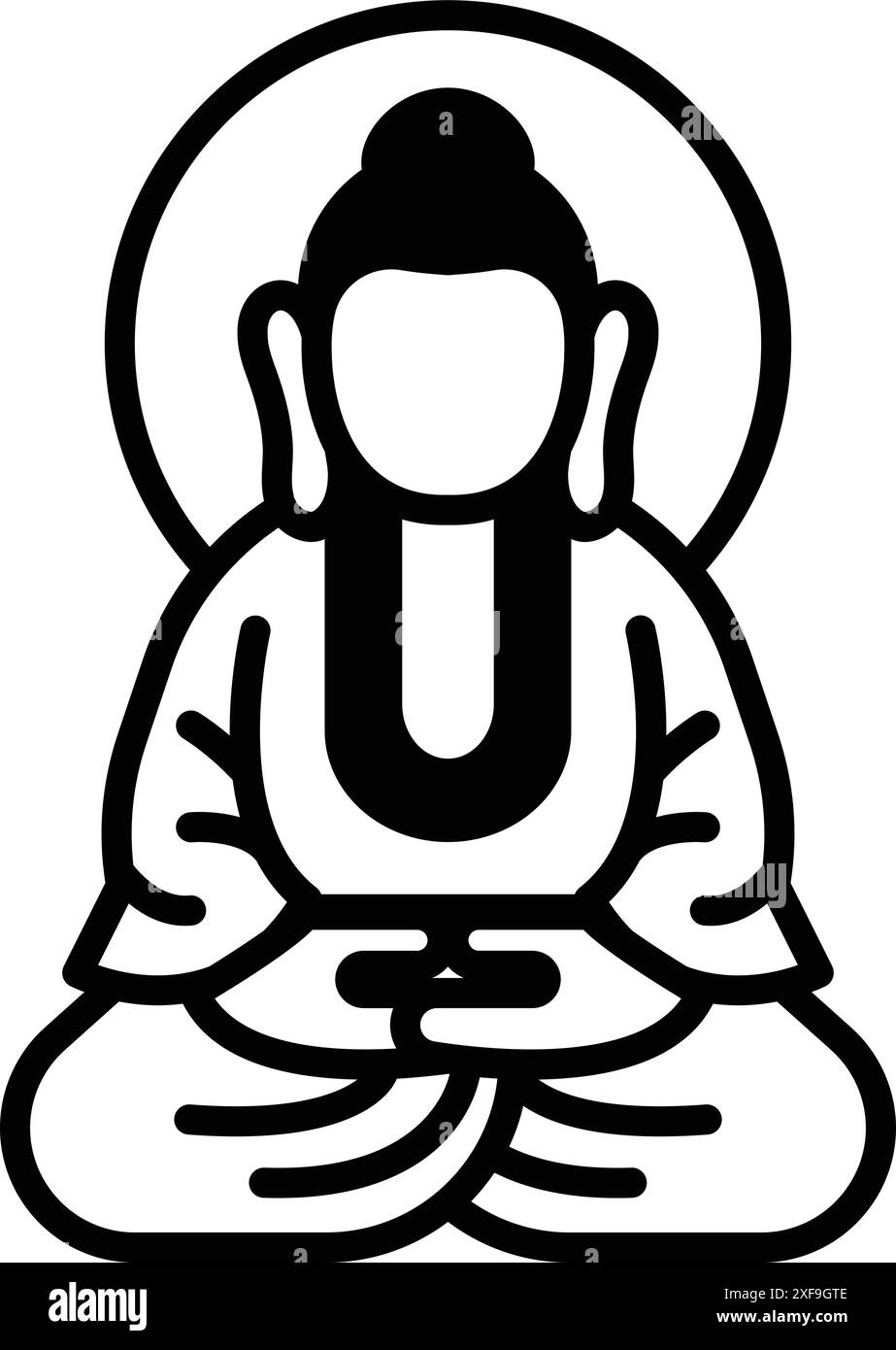 A black and white drawing of a Buddha statue. The statue is sitting in ...