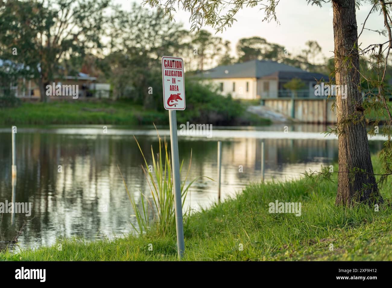 Warning sign about alligator in water in Florida park. Caution and ...