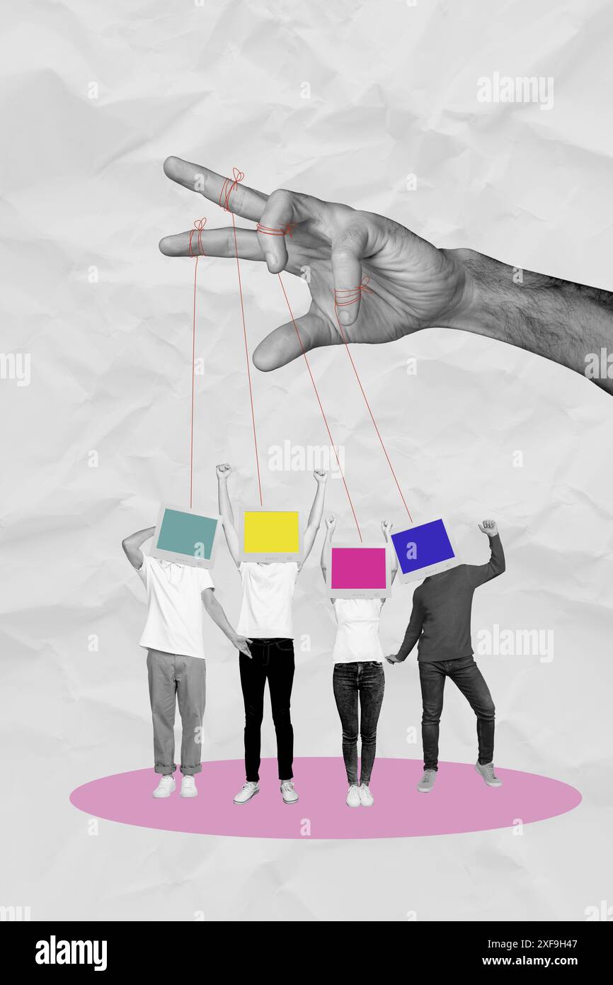 Creative abstract template collage of hand hold puppet manipulation tv ...