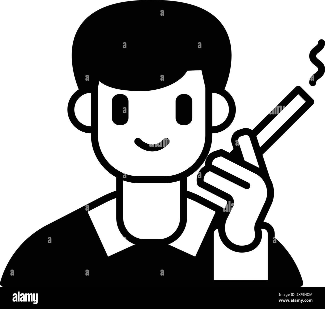 A man is smoking a cigarette and smiling. The image is black and white ...