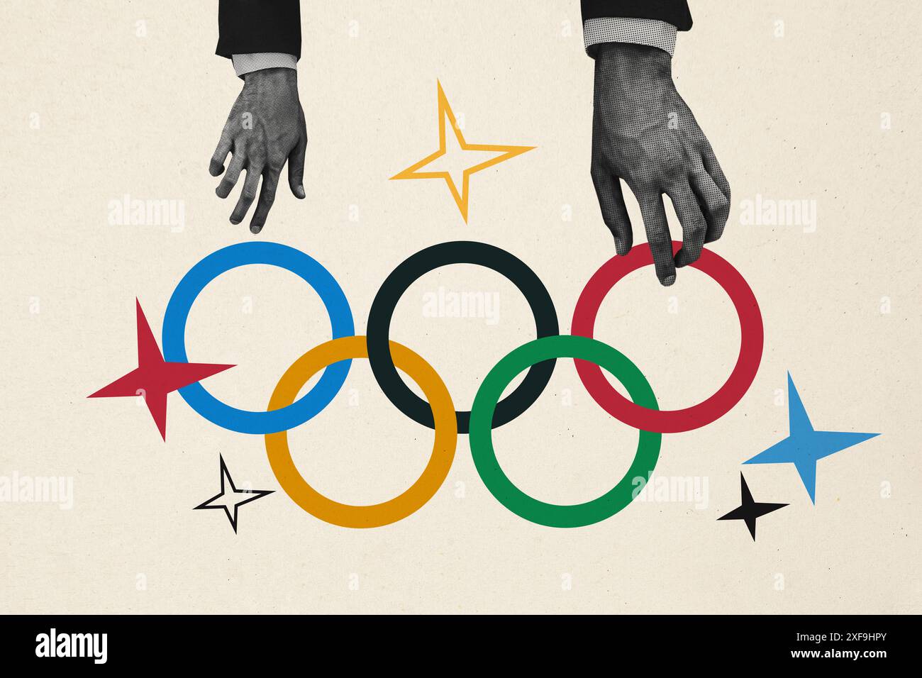Composite photo collage of male hands touch olympic games symbol circle ...