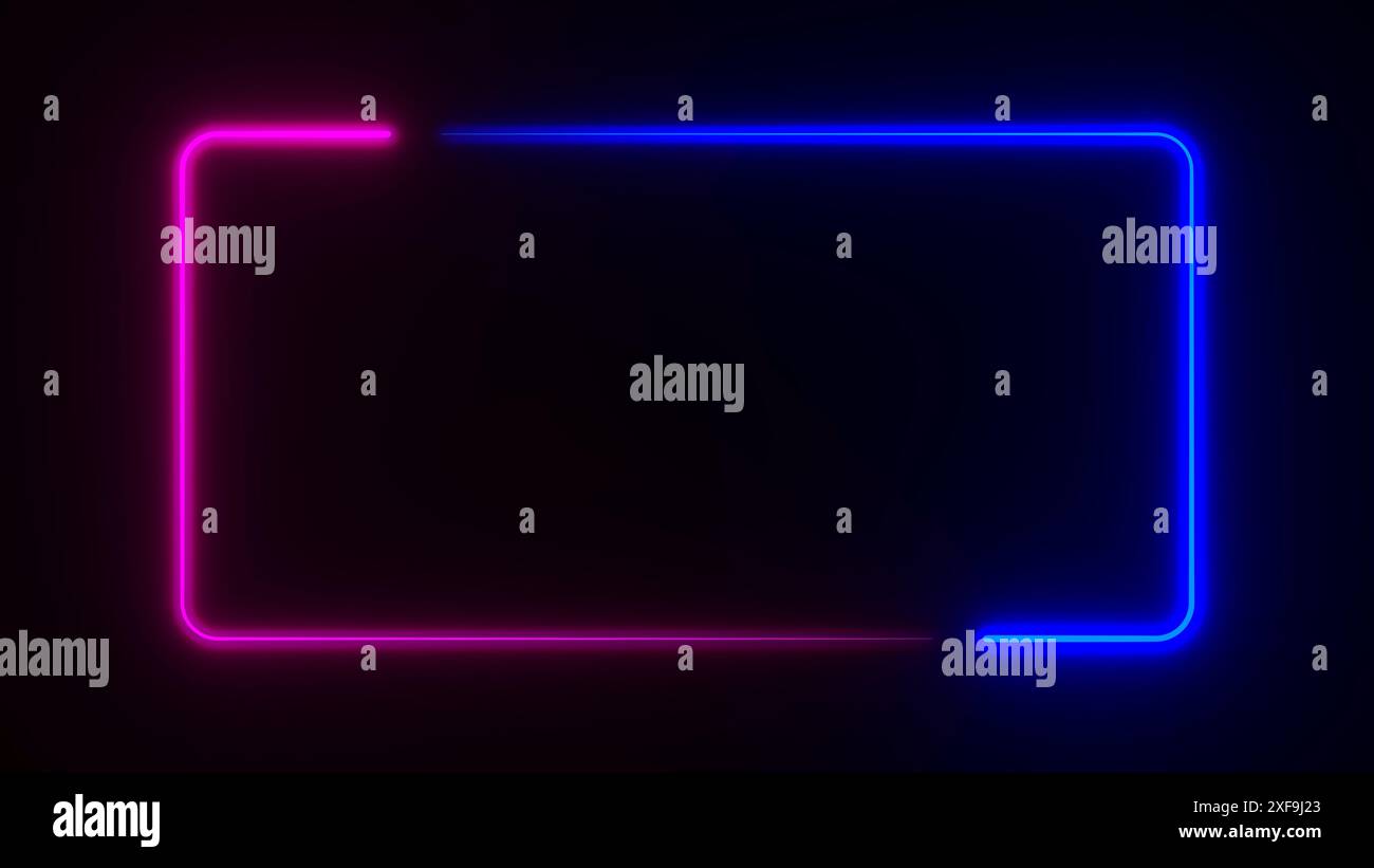 Rectangle frame with two tone neon color line on isolated black ...