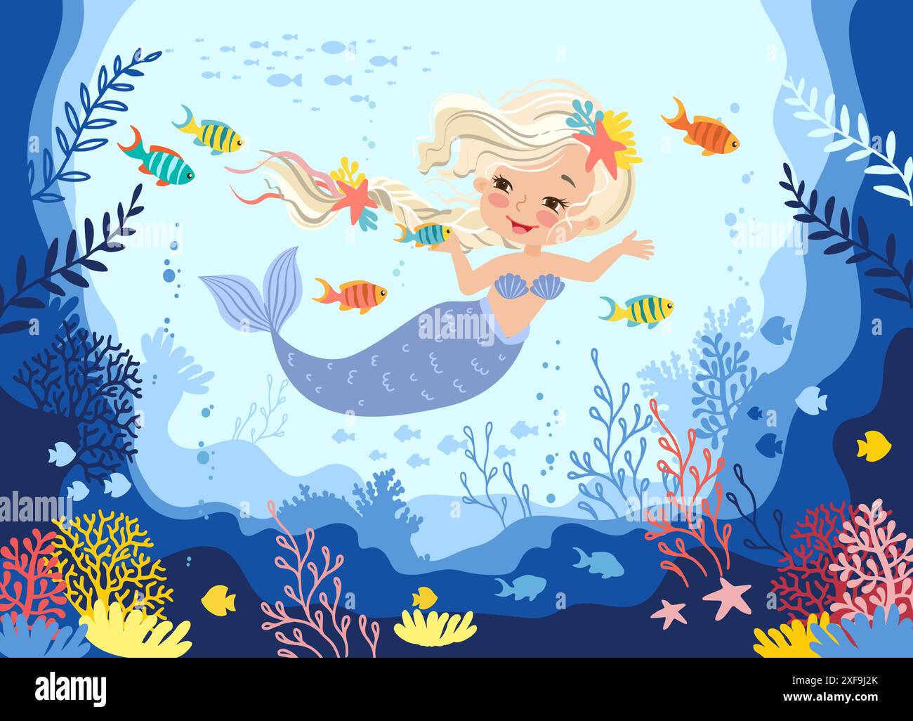 Hand drawn vector illustration of a beautiful mermaid girl with a ...