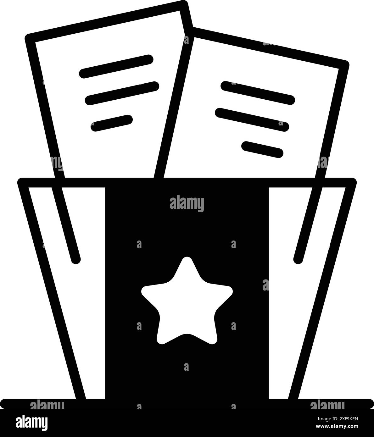 A black and white image of a box with a star and two pieces of paper ...