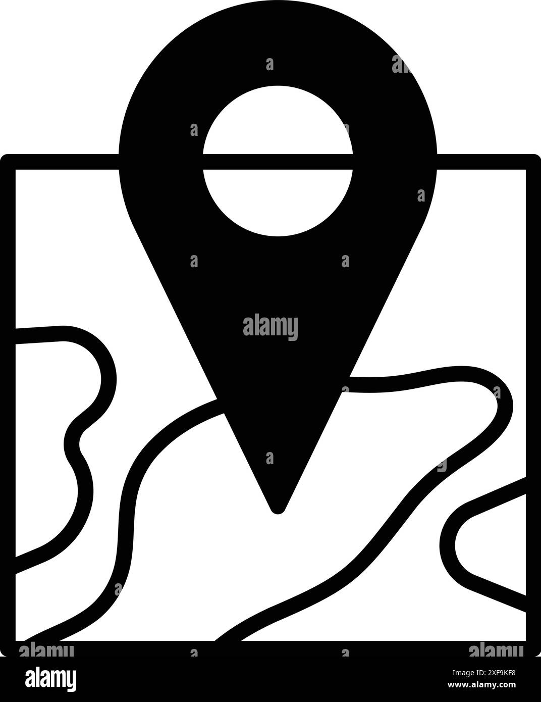 A black and white map with a black pin pointing to a location. The map ...