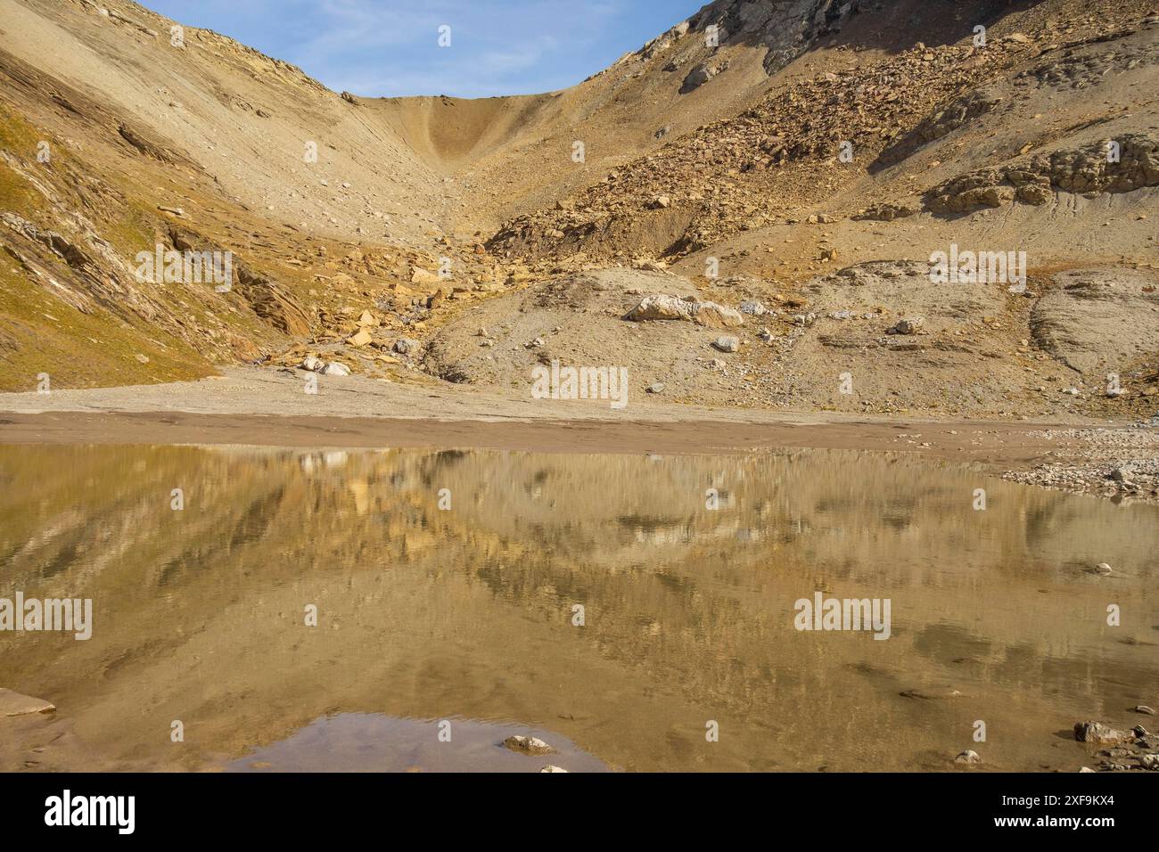 A small mountain lake with a clear water surface reflecting the ...