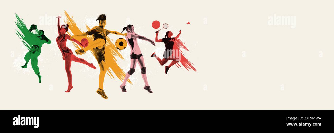 Monochrome athletes of different sports in motion, playing, training ...