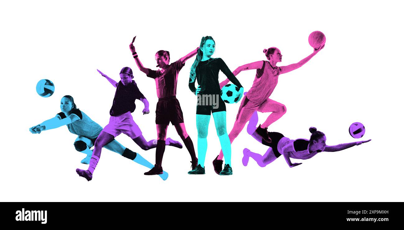 Multicolored monochrome athletes, young girls in motion playing ...