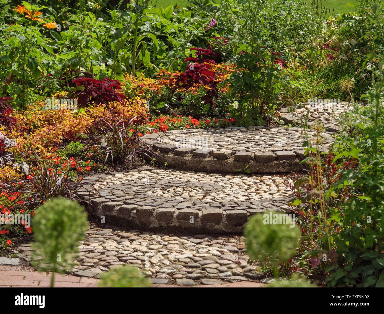 Winding stone path through a colourful and blooming garden in summer ...
