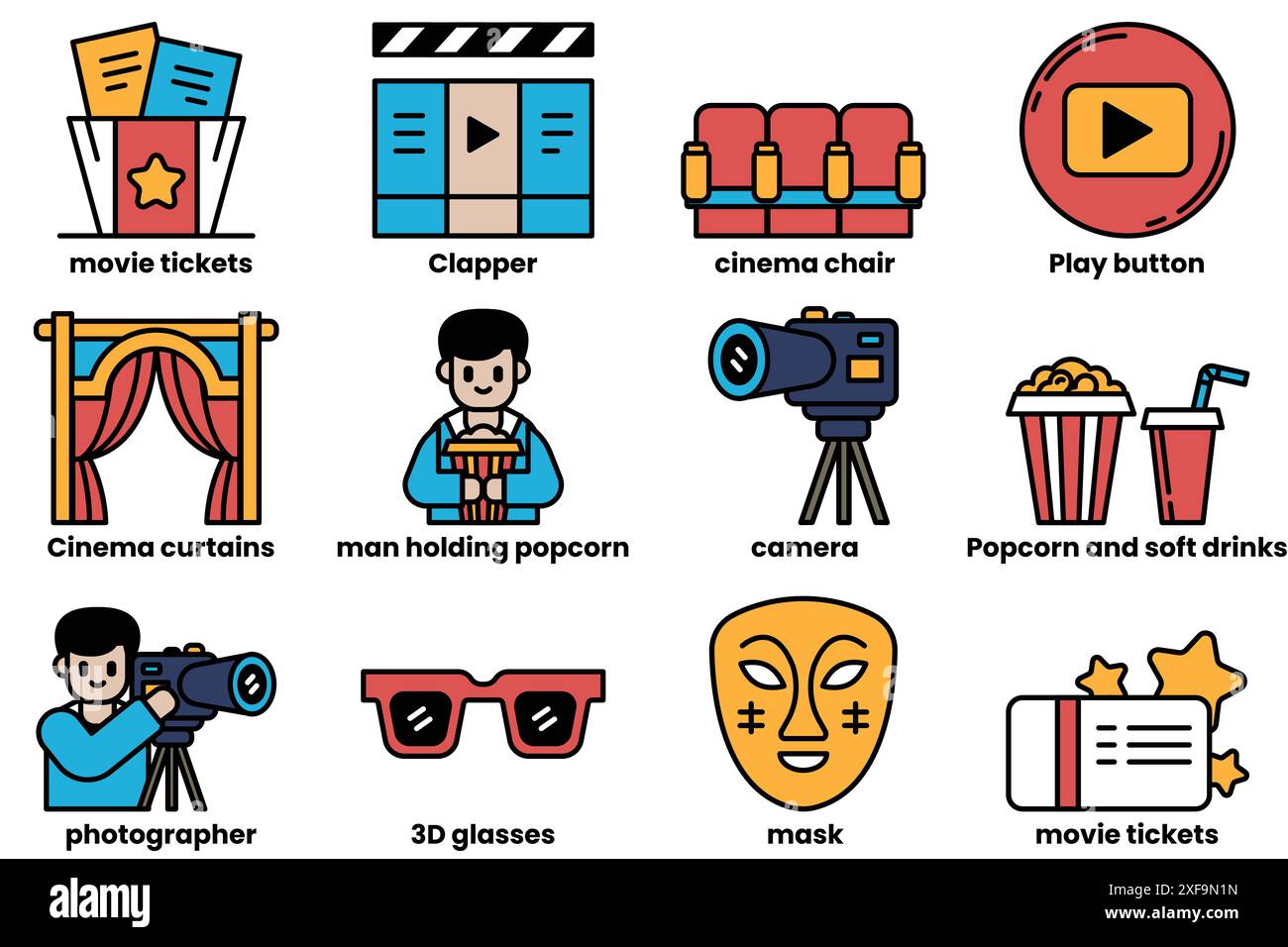 A set of icons for a movie theater. The icons include a man holding ...