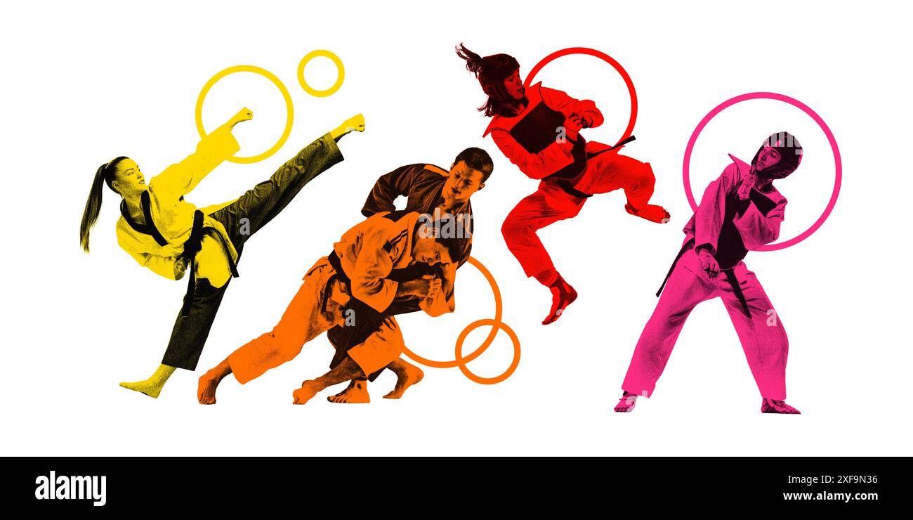 Monochrome athletes in motion training isolated on white background ...