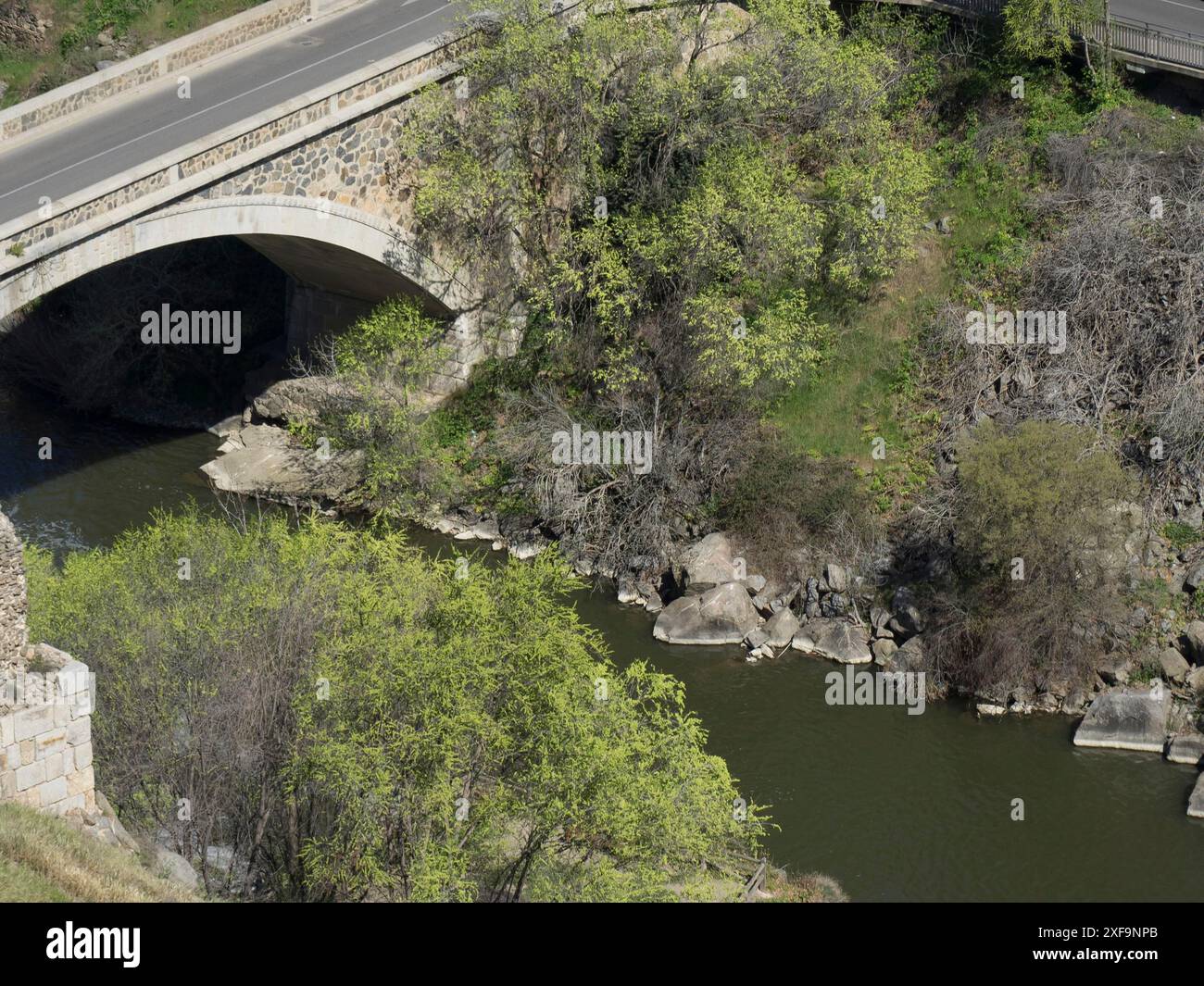 Stone bridge over a river, surrounded by green trees and dense ...