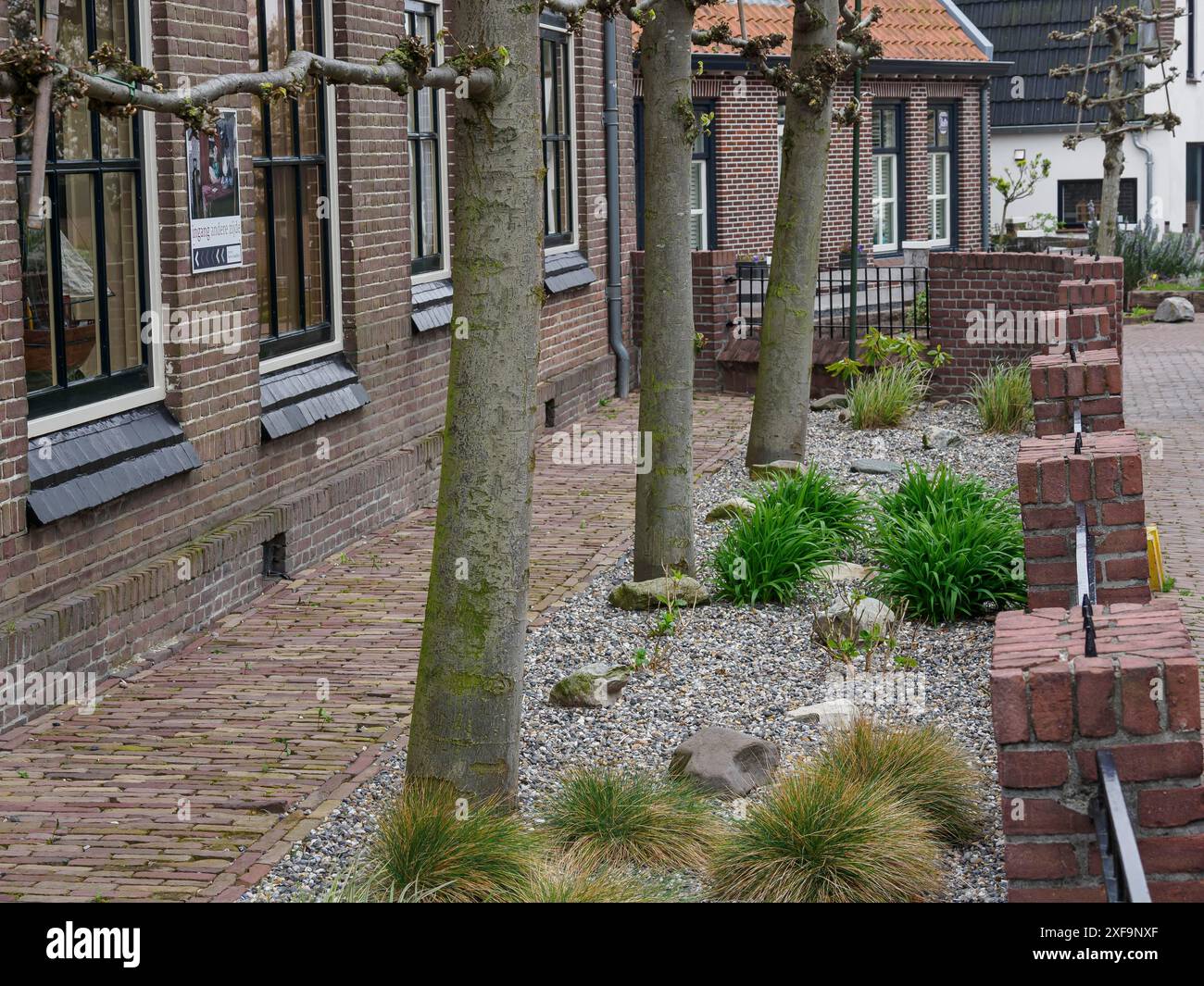 Well-kept street with brick buildings, paved pavement and trees ...