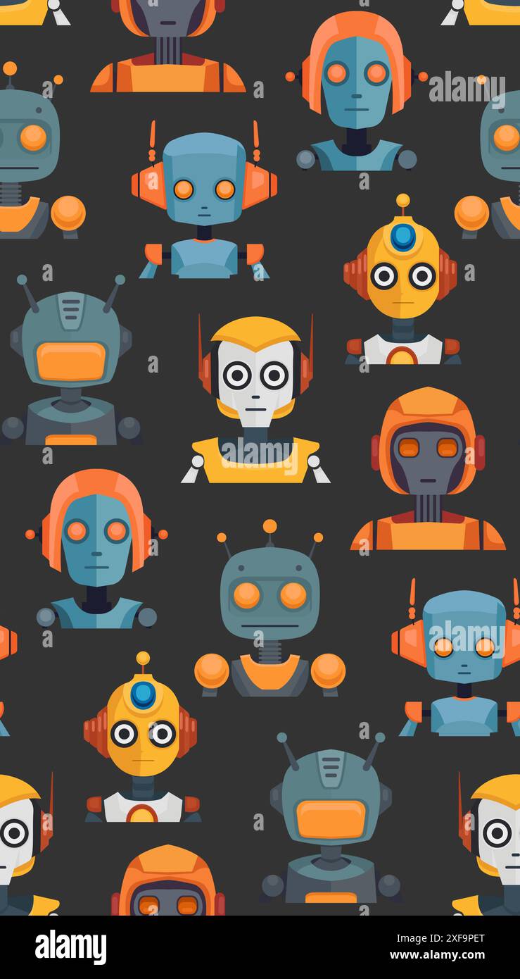Vector child cheerful pattern with bright cartoon robots on a dark ...