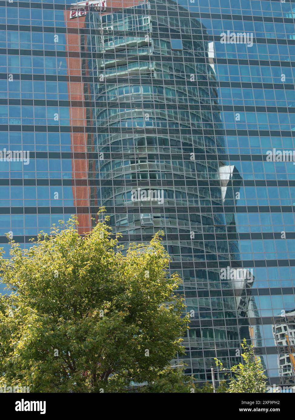 Tall modern glass buildings with reflective facades and trees in the ...