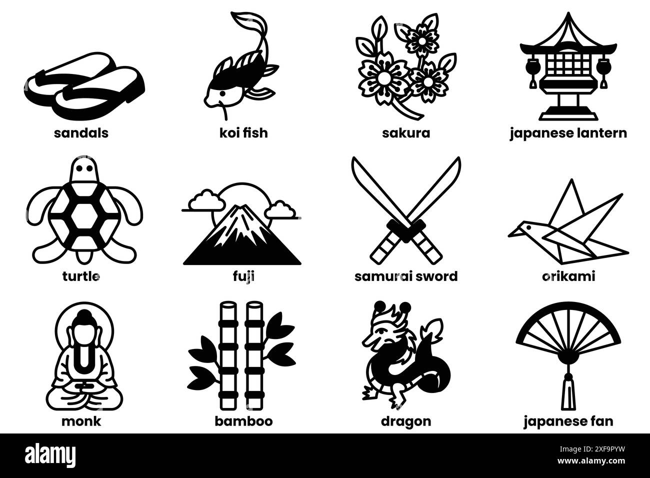 Collection of traditional japanese symbols Black and White Stock Photos ...