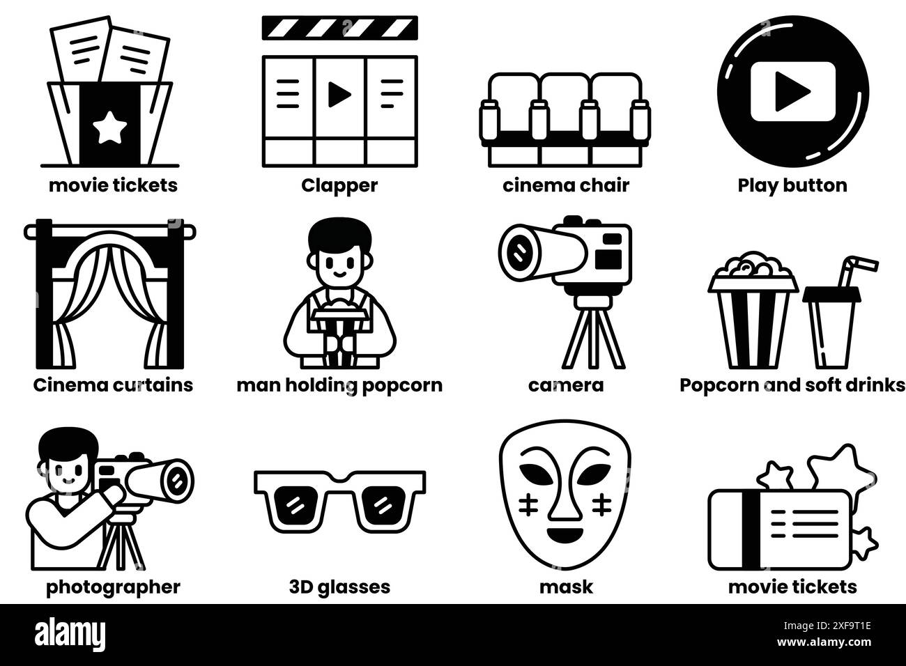 A set of icons for a movie theater. The icons include a man holding ...