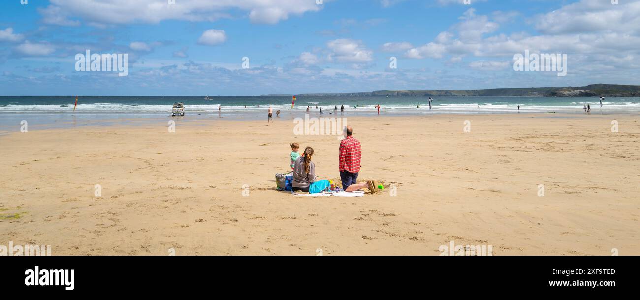 A panoramic image of a family of holidaymakers on Towan Beach on the ...