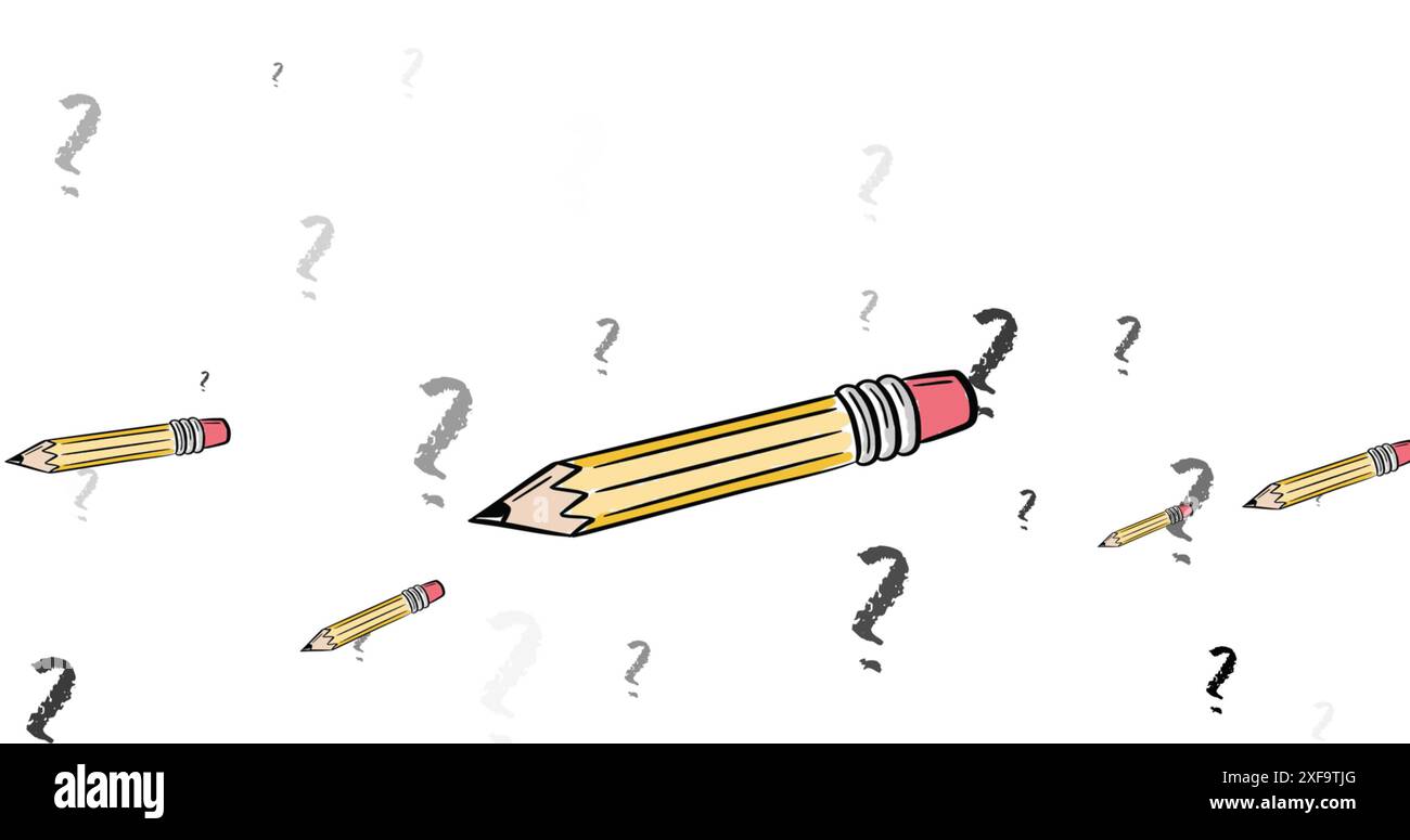 Image of pencil icons and question marks over white background Stock ...