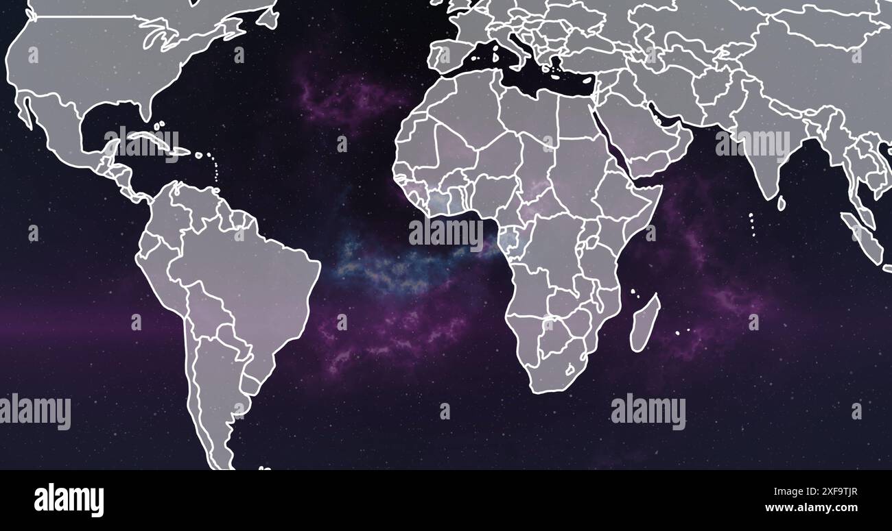Image of glowing purple light over world map Stock Photo - Alamy
