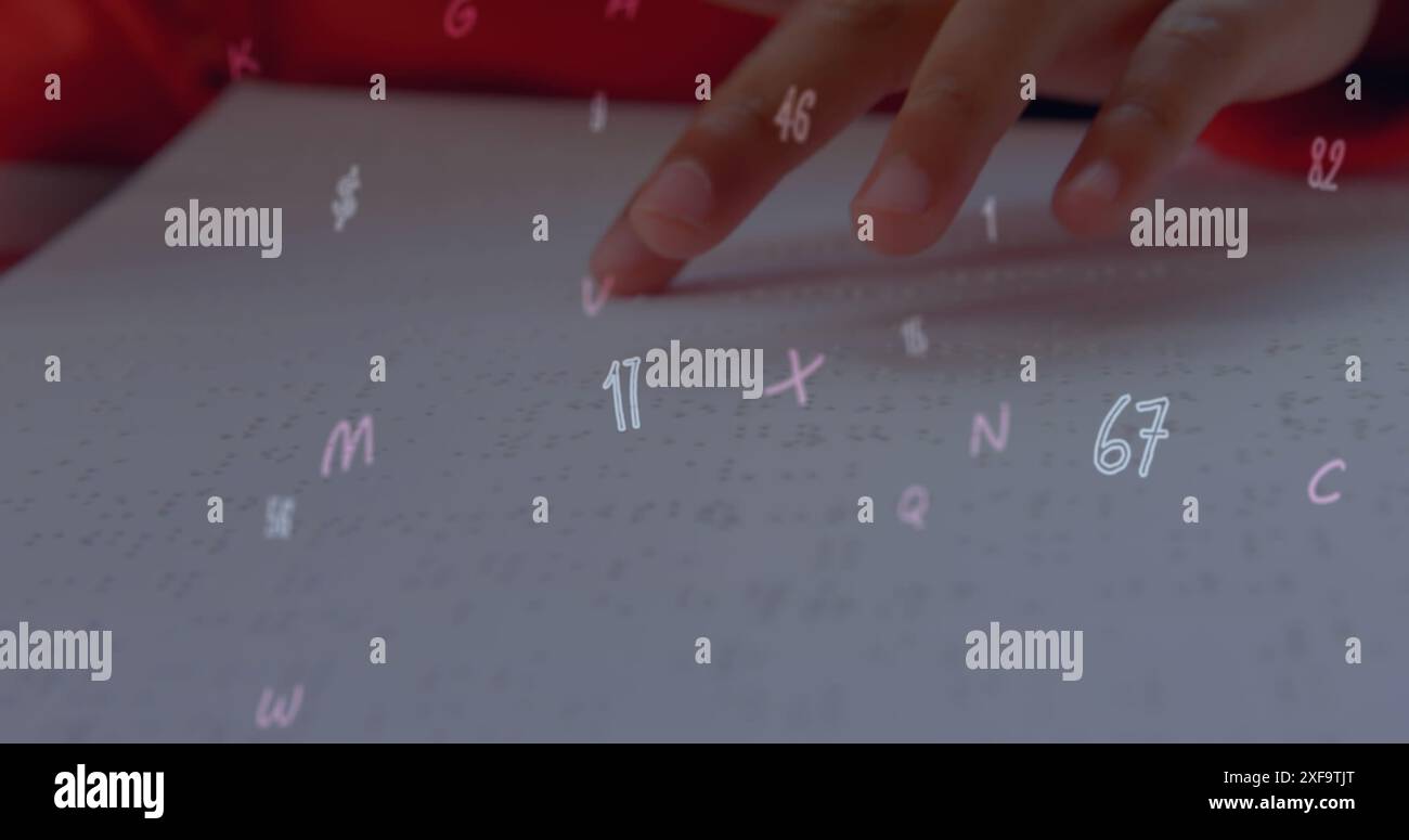 Image of numbers over caucasian schoolgirl reading braille. Global ...