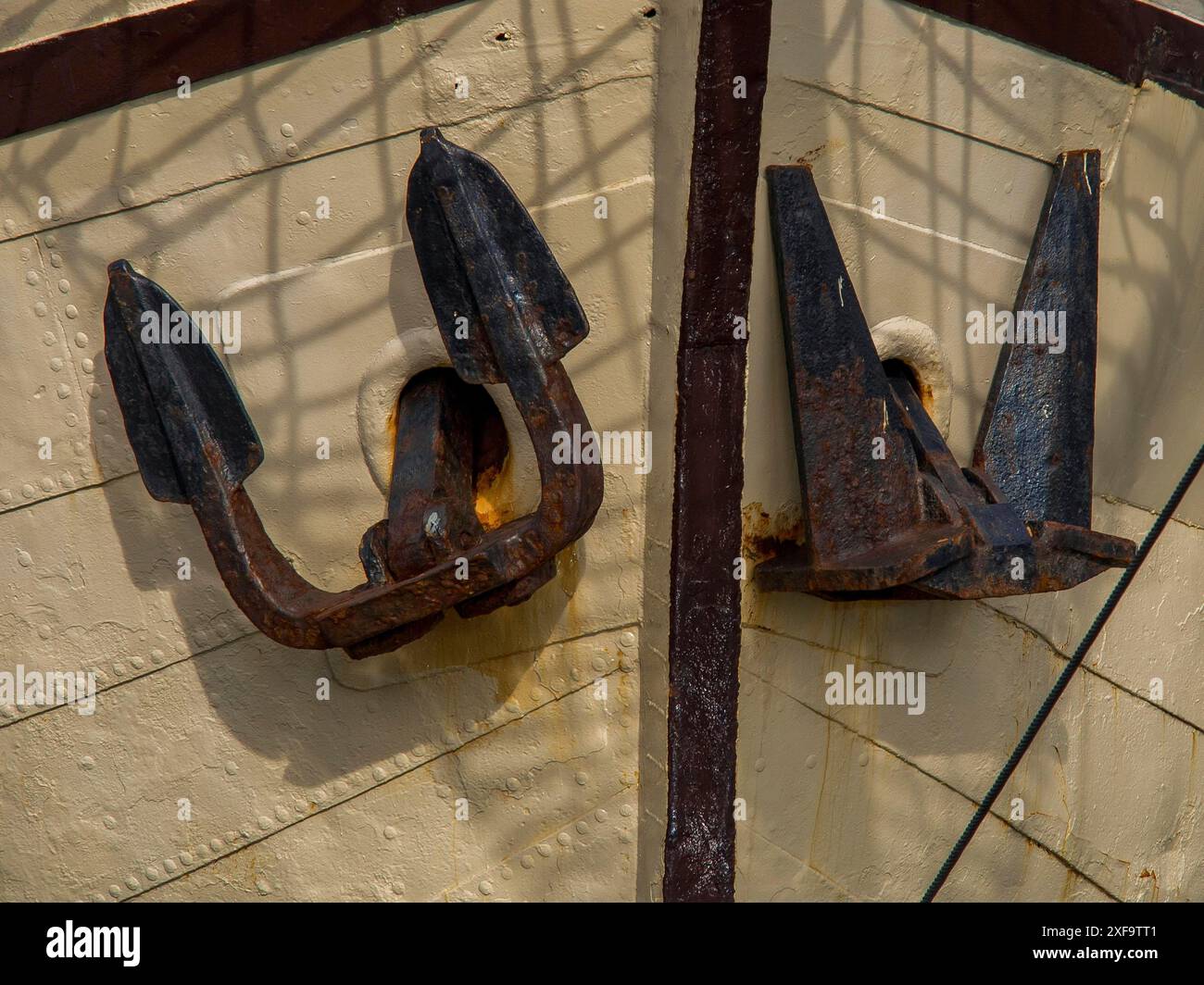Two rusty anchors on the bow of a ship, Hoorn, Netherlands Stock Photo ...