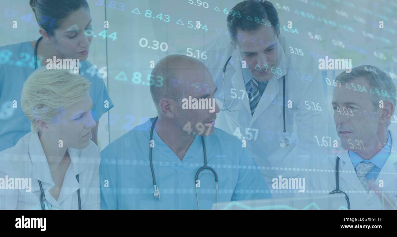 Image of stock market data processing over team of doctors discussing ...