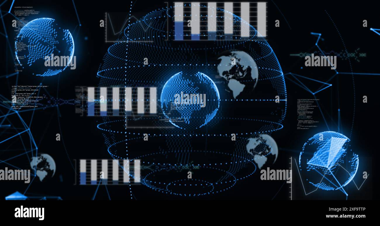 Image of data processing and plexus networks over spinning globes against black background Stock ...