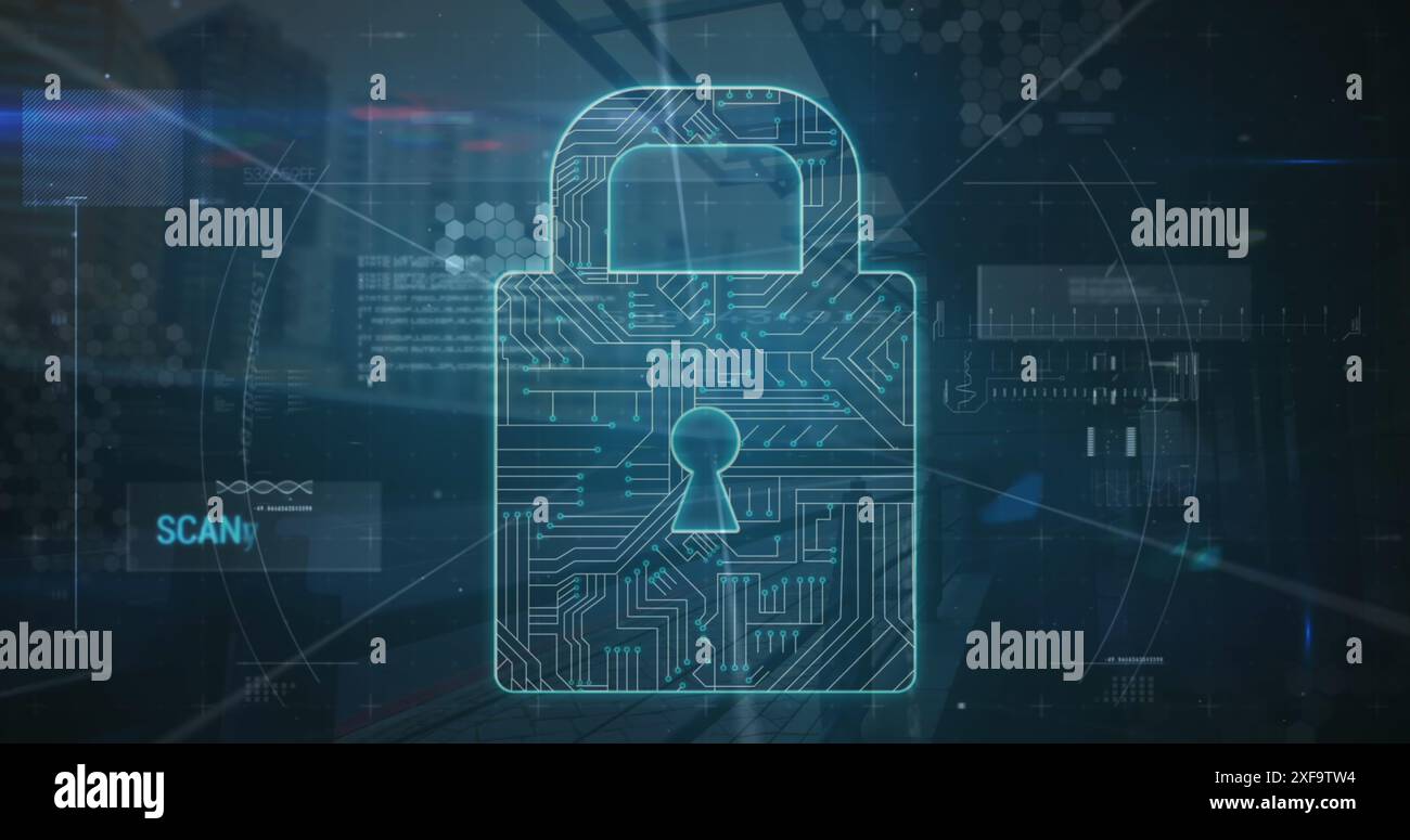 Image of scope scanning over security padlock icon, network of ...