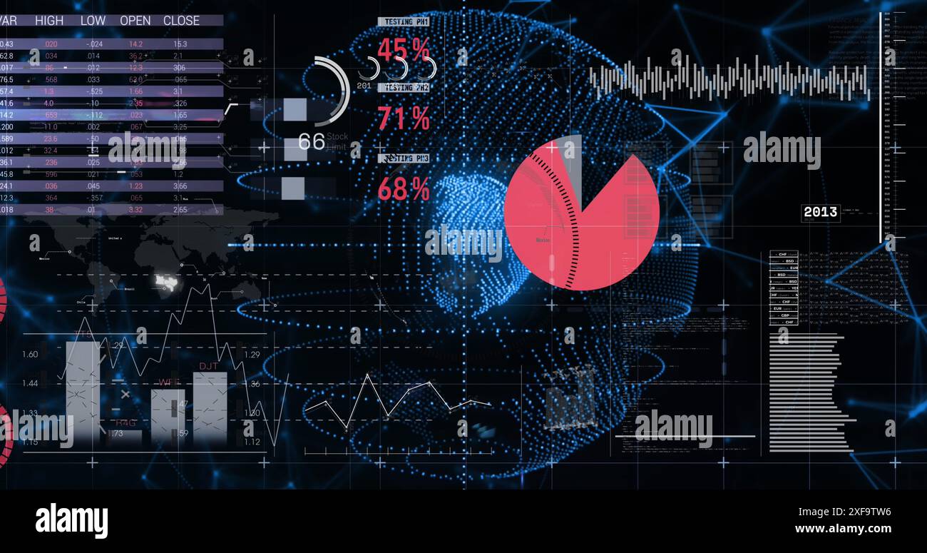 Image of statistical data processing over spinning globe against black background Stock Photo ...