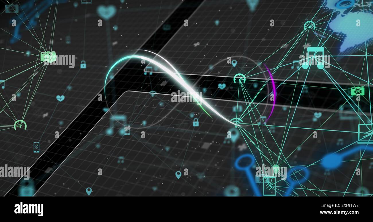Image of infinity symbol and globes of digital icons against interface ...