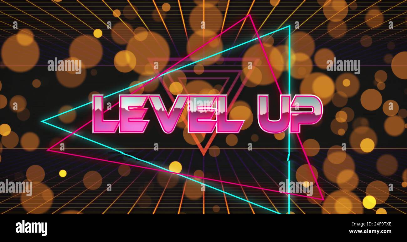 Image of level up text and triangles over grid and lens flares Stock ...